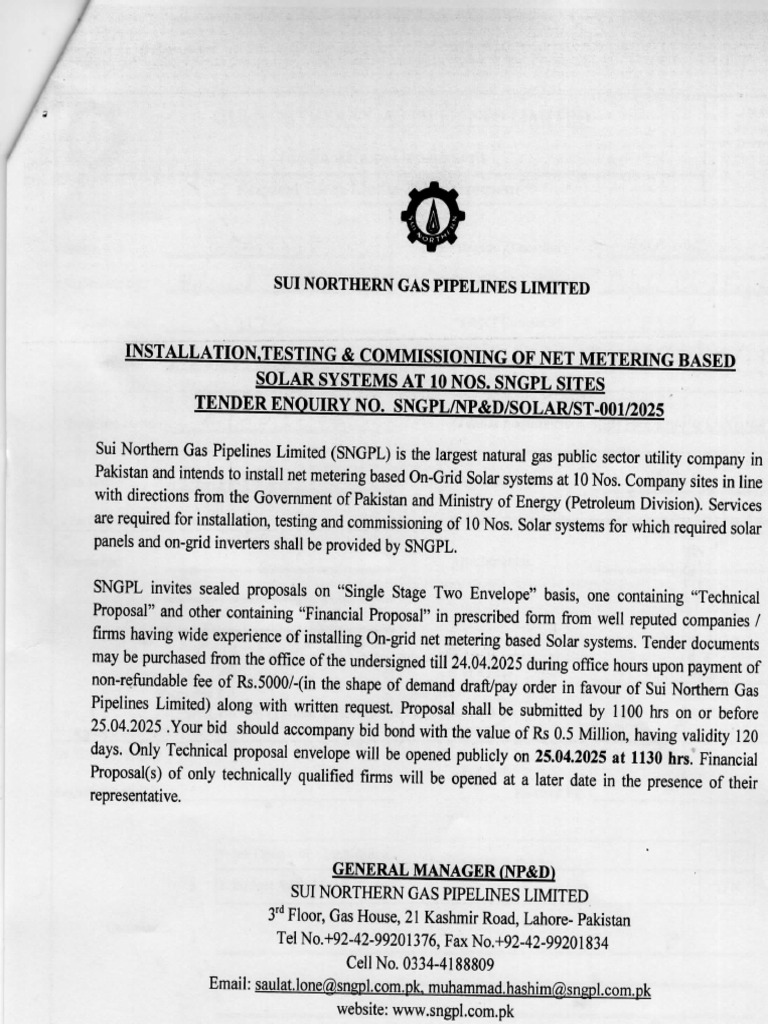 SNGPL Solar System Tender Notice | PDF | Sustainable Energy | Renewable ...