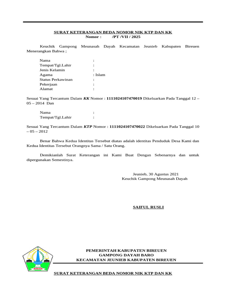 Surat Keterangan Perbedaan NIK dan KK | PDF
