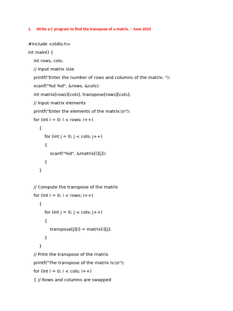 Write A C Program To Find The Transpose of A Matrix | PDF