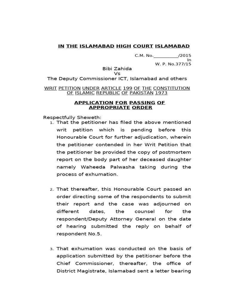 Application For Appropraite Order and Exemption From Filing Certified ...