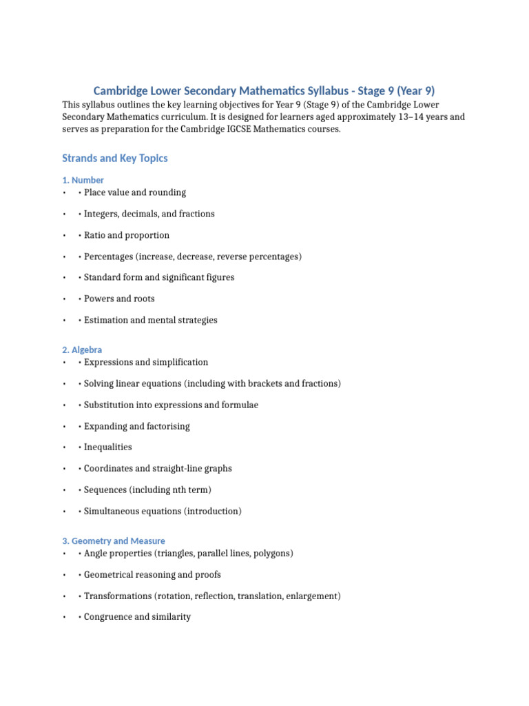 Year 9 Cambridge Maths Syllabus | PDF
