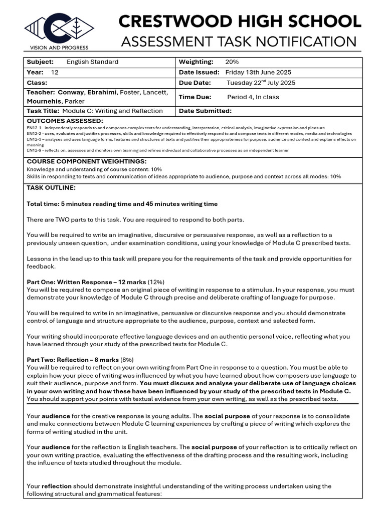 Year 12 English Module C Assessment Guide | PDF | Grammatical Tense ...