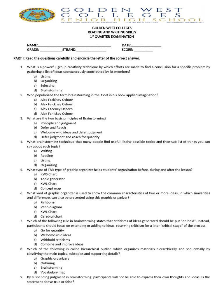 Remedial - First Quarter Exam (Reading and Writing) | PDF ...