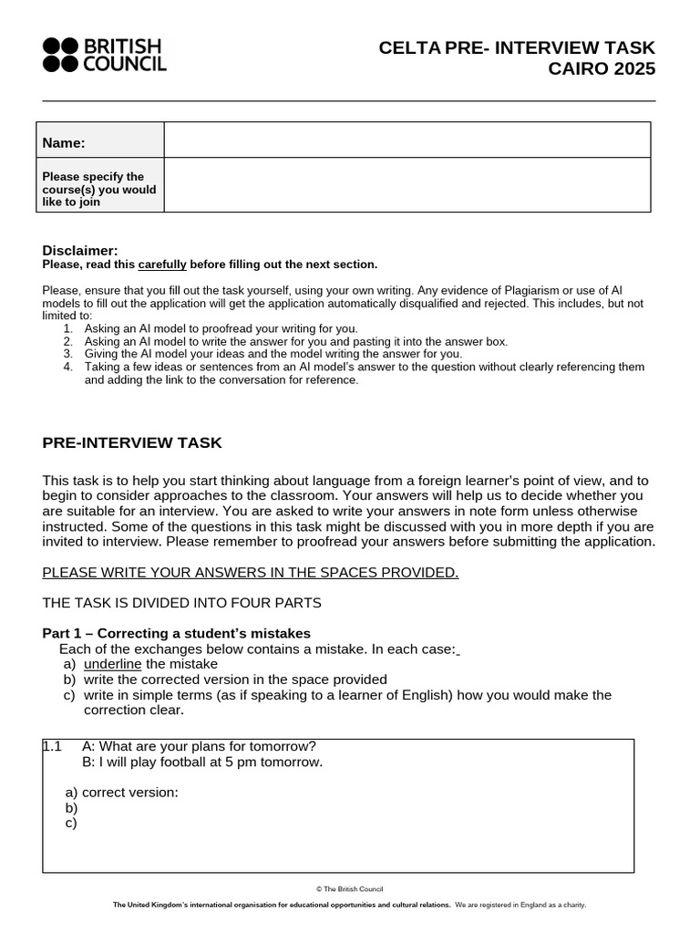 Celta Pre Interview Task 2025 | PDF | Behavior Modification | Human Communication