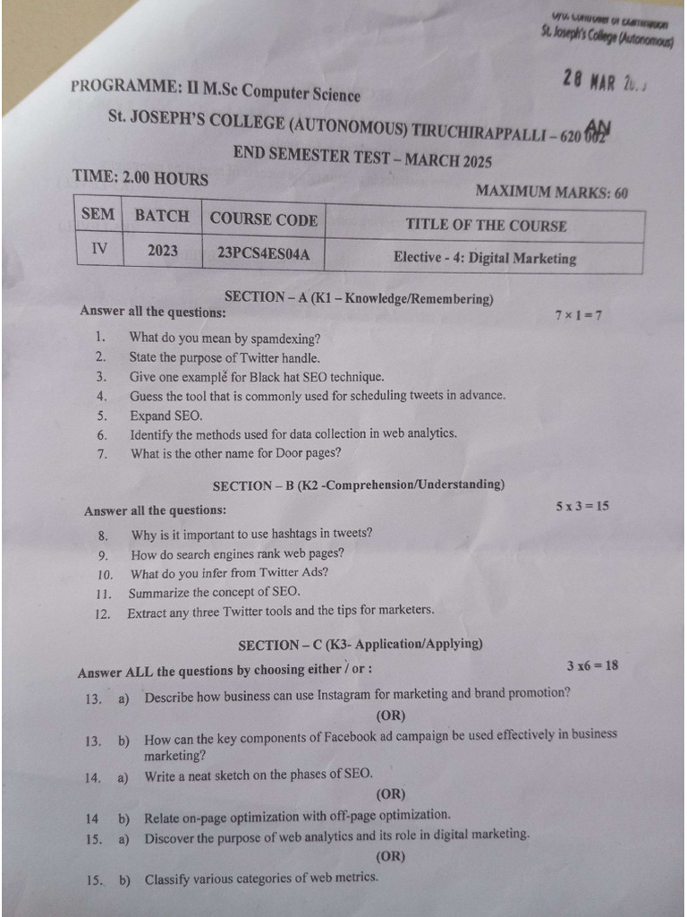 Digital Marketing End Semester Question Paper | PDF
