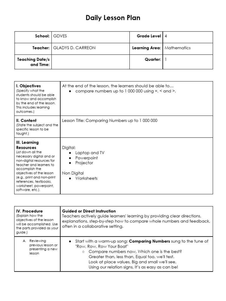 M4Q1L21 Lesson Plan - Comparing Numbers Up To 1 000 000 | PDF | Lesson Plan | Learning