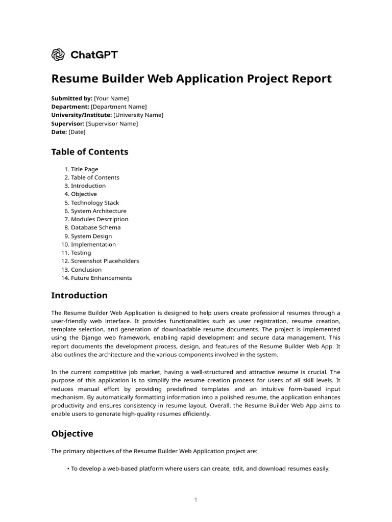 Resume Builder Web Application Project Report | PDF | Model–View ...