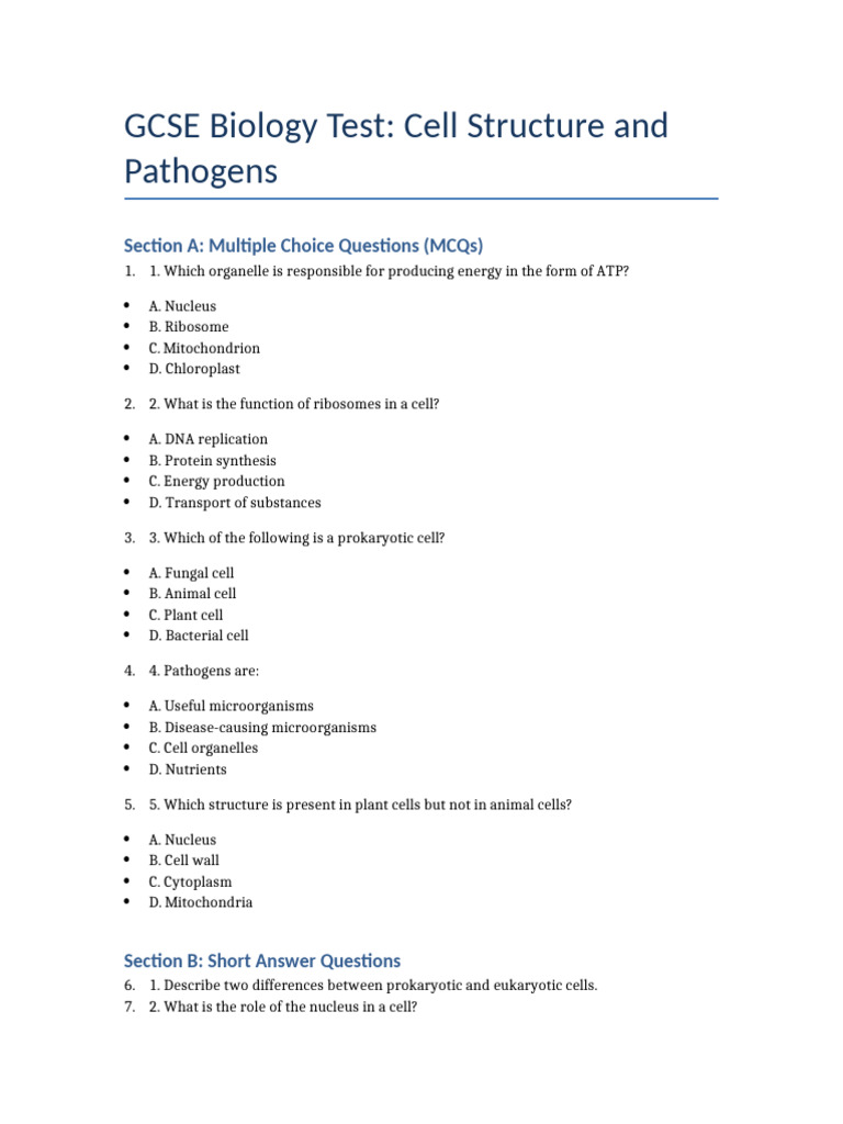 GCSE Biology: Cell Structure & Pathogens | PDF