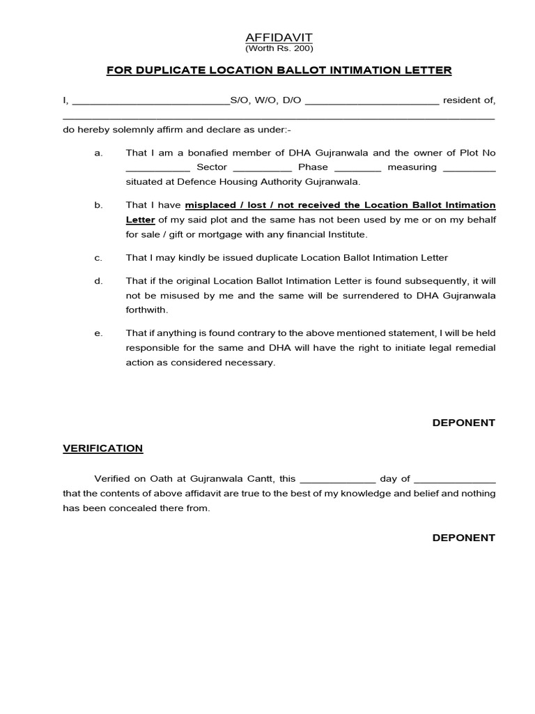 Affidavit For Duplicate Intimation Letter Location Ballot | PDF