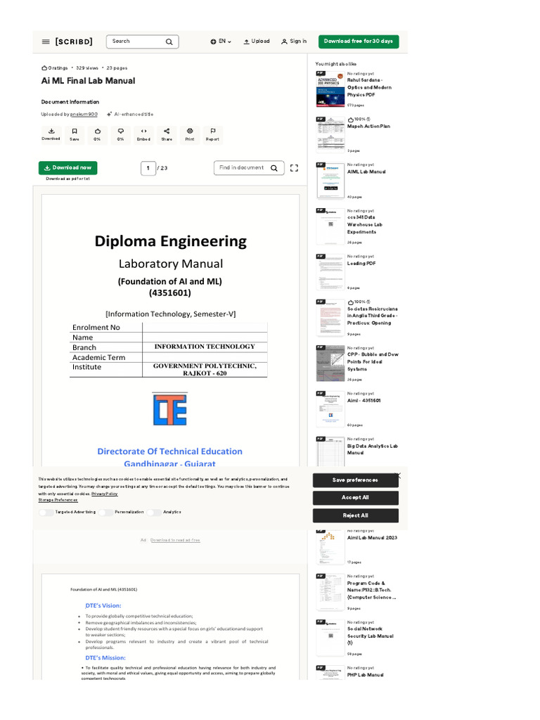 WWW Scribd Com Document 787881684 Ai ML Final Lab Manual... | PDF | Artificial Intelligence ...