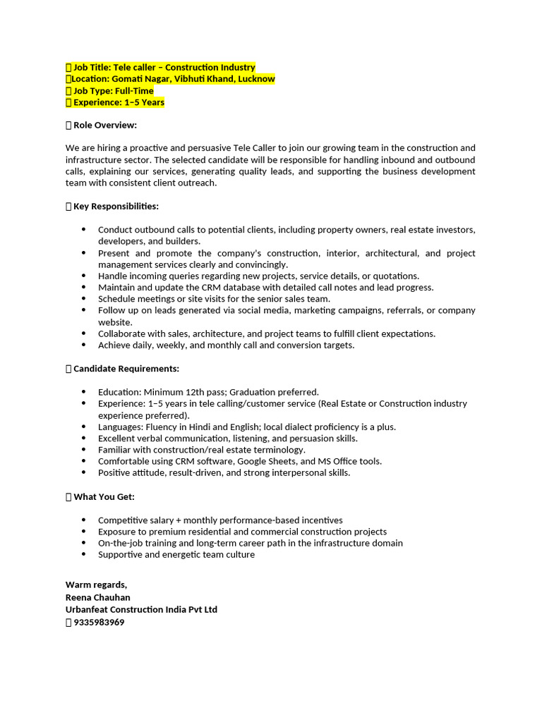 Tele Caller Job Description Tailored For A Construction Company | PDF