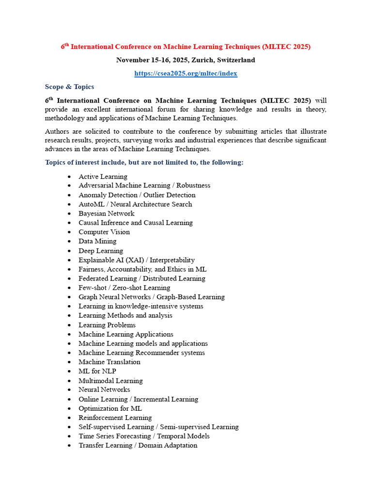 6th International Conference On Machine Learning Techniques (MLTEC 2025 ...
