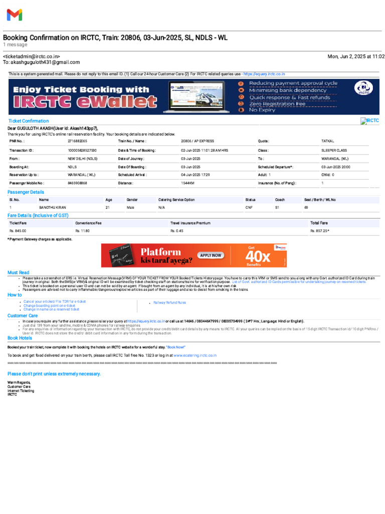 Booking Confirmation On IRCTC, Train - 20806, 03-Jun-2025, SL, NDLS ...