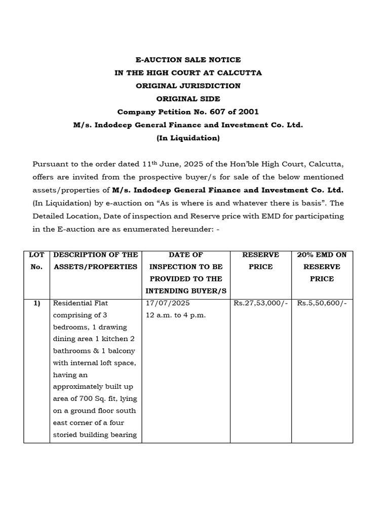 E-Auction Sale Notice for Indodeep Assets | PDF | Auction