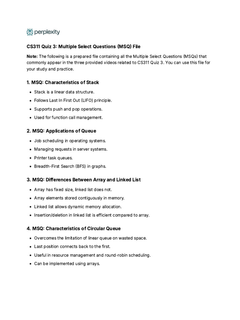 CS311 Quiz 3 - Multiple Select Questions (MSQ) File | PDF