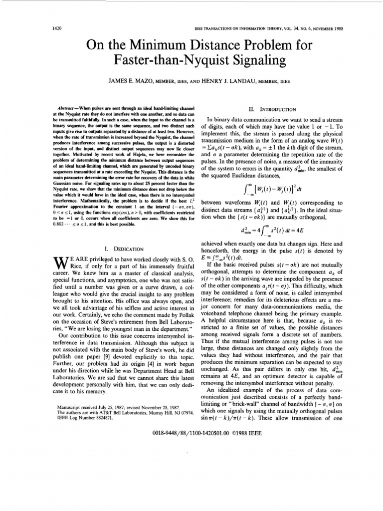 On The Minimum Distance Problem For Faster-than-Nyquist Signaling | PDF | Applied Mathematics ...