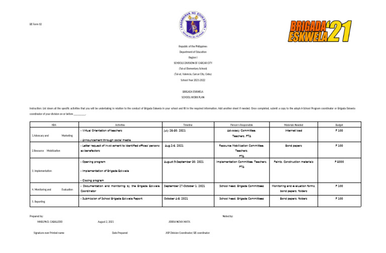 Be Form 2-School Work Plan | PDF