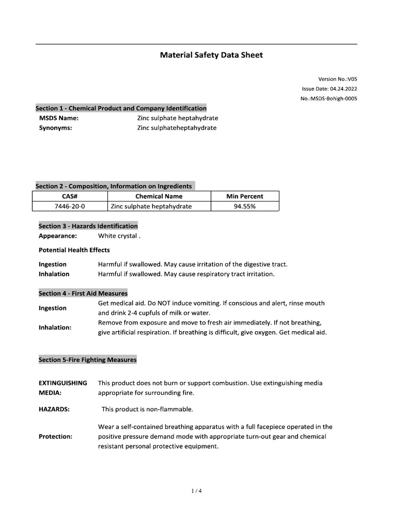 Zinc Sulphate Hepta Msds | PDF