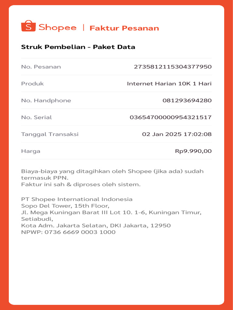 Faktur Pembelian Paket Data Shopee | PDF