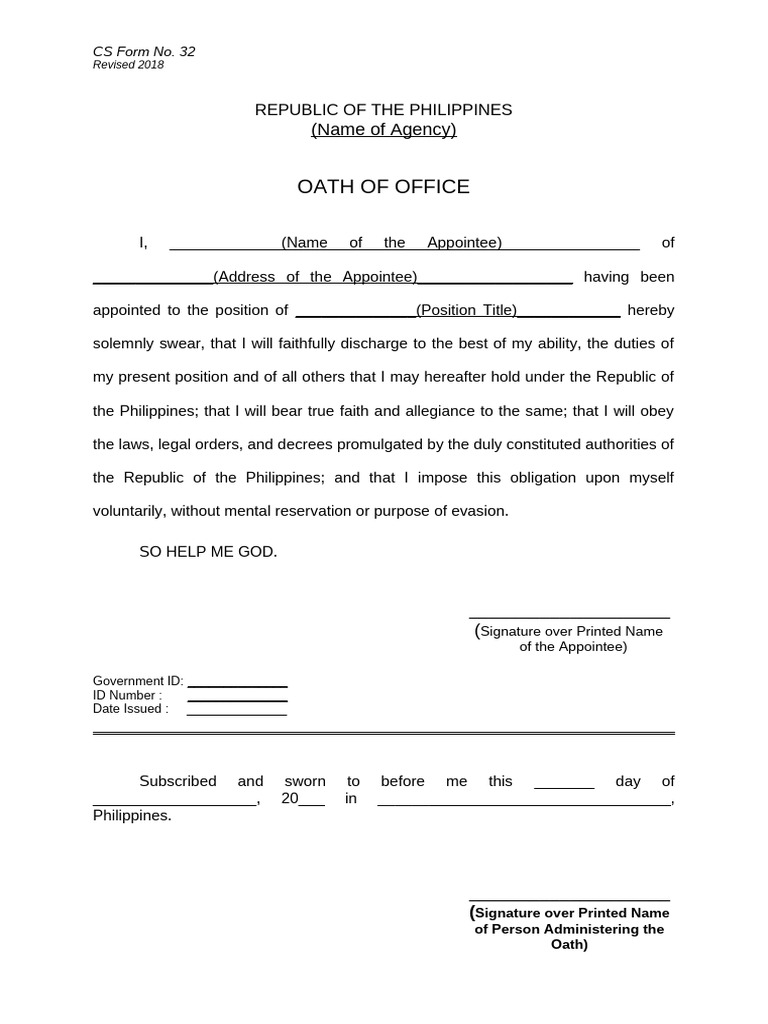 CS Form No. 32 Oath of Office | PDF