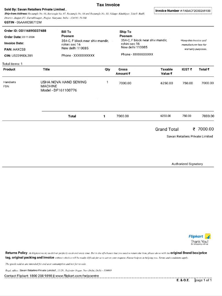 Usha Nova Bill | PDF