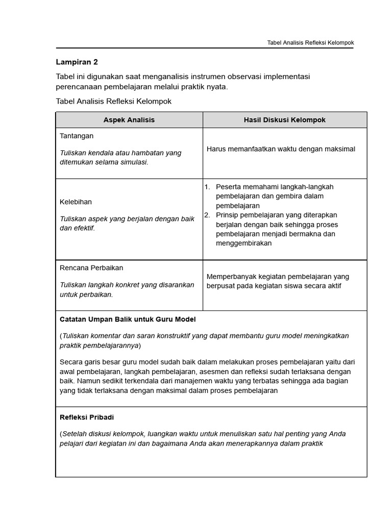 EFRI YENDI - Lampiran 2 - Tabel Analisis Refleksi Kelompok | PDF