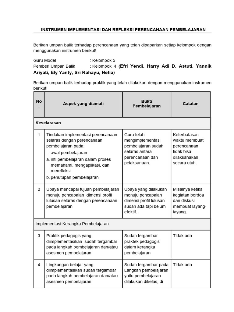 Efri Yendi - Instrumen Implementasi Dan Refleksi Perencanaan Pembelajaran | PDF