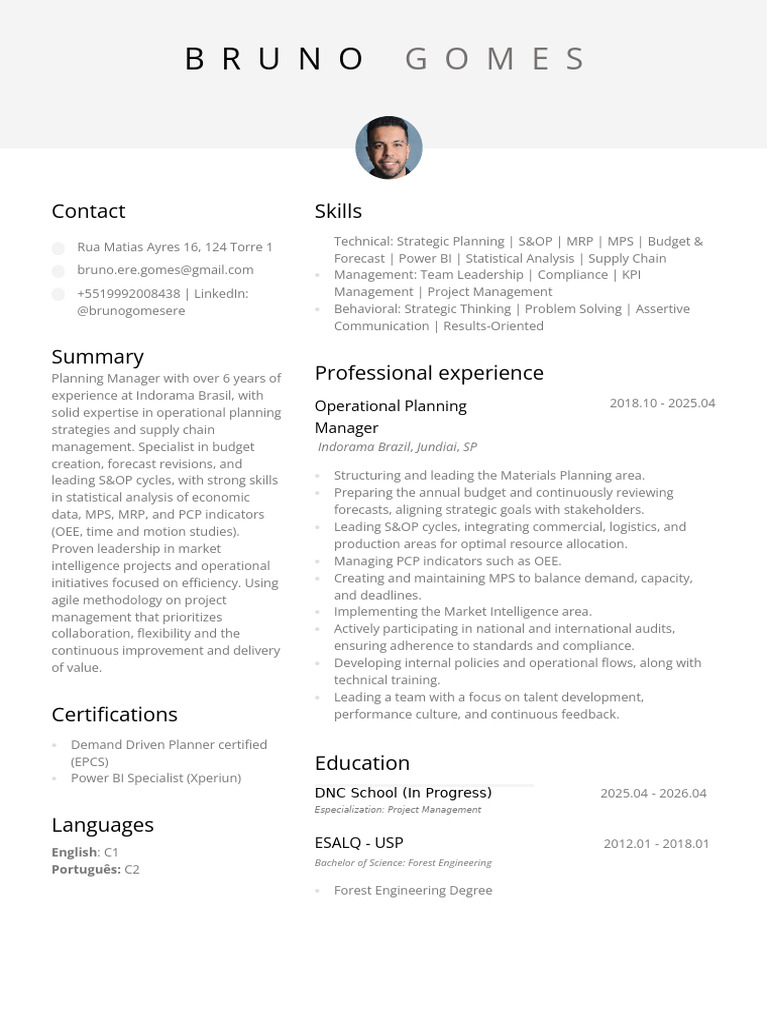 Resume Bruno Gomes ENUS | PDF | Project Management | Supply Chain