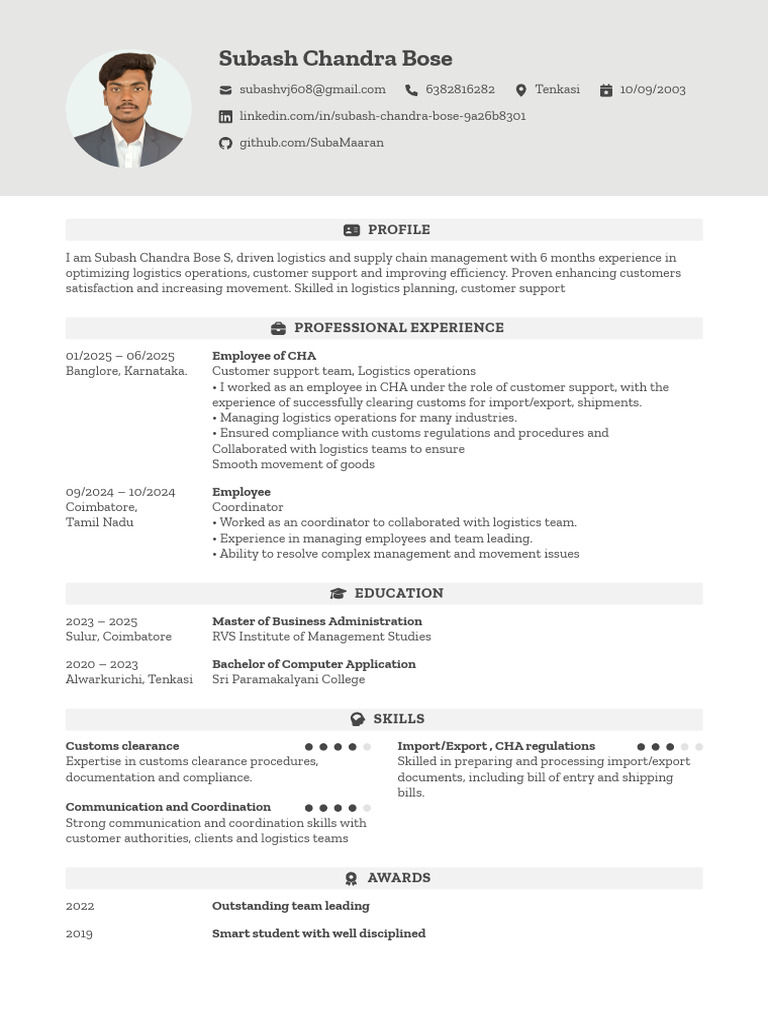 Subash Chandra Bose FlowCV Resume 20250709 | PDF | Logistics | Supply ...
