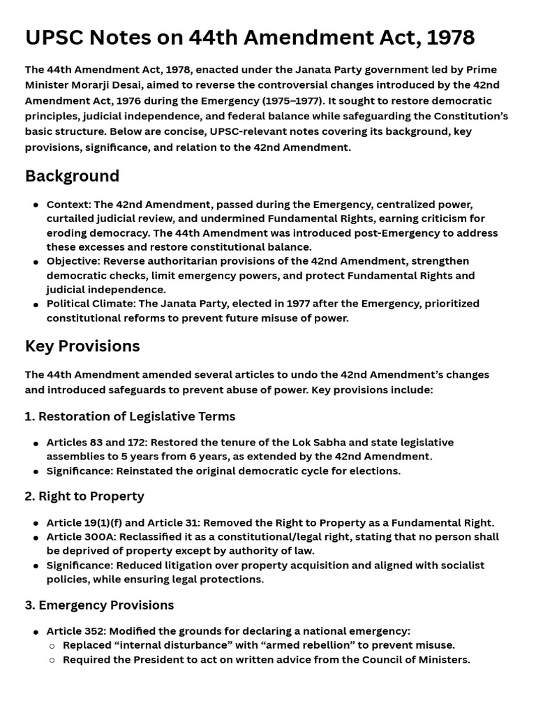 UPSC Notes On 44th Amendment Act, 1978 | PDF | Government | Political ...
