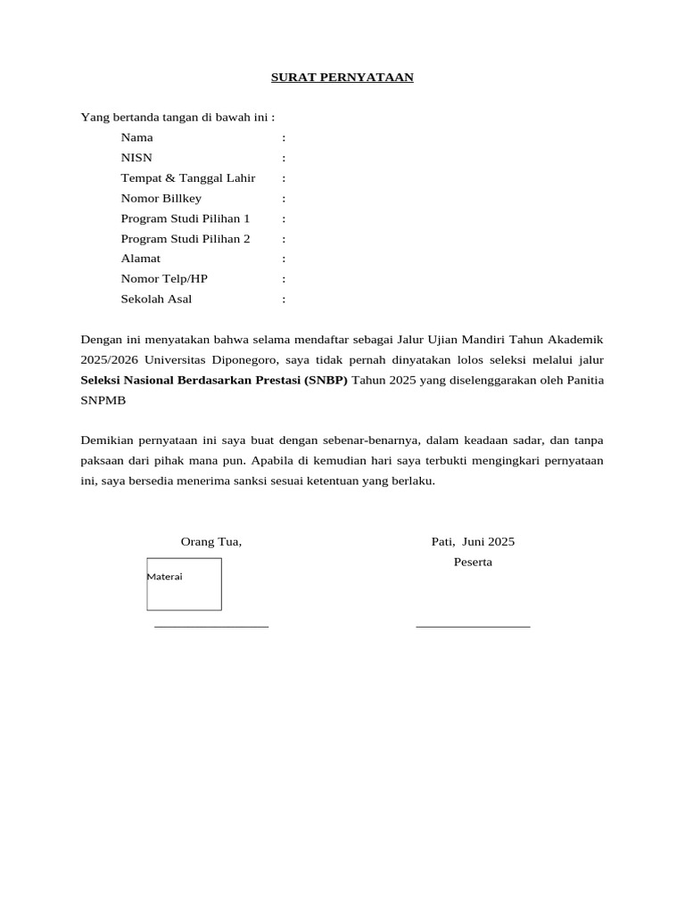 Surat Pernyataan UM Undip 2025 | PDF