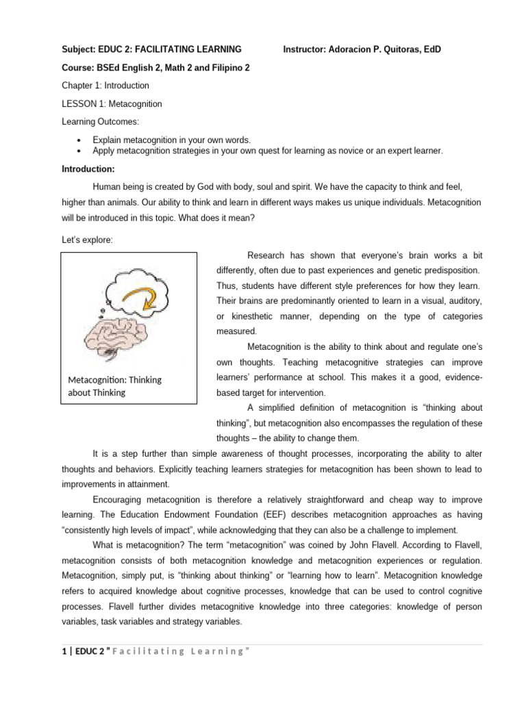 Facilitating Learning Module | PDF | Learning | Metacognition