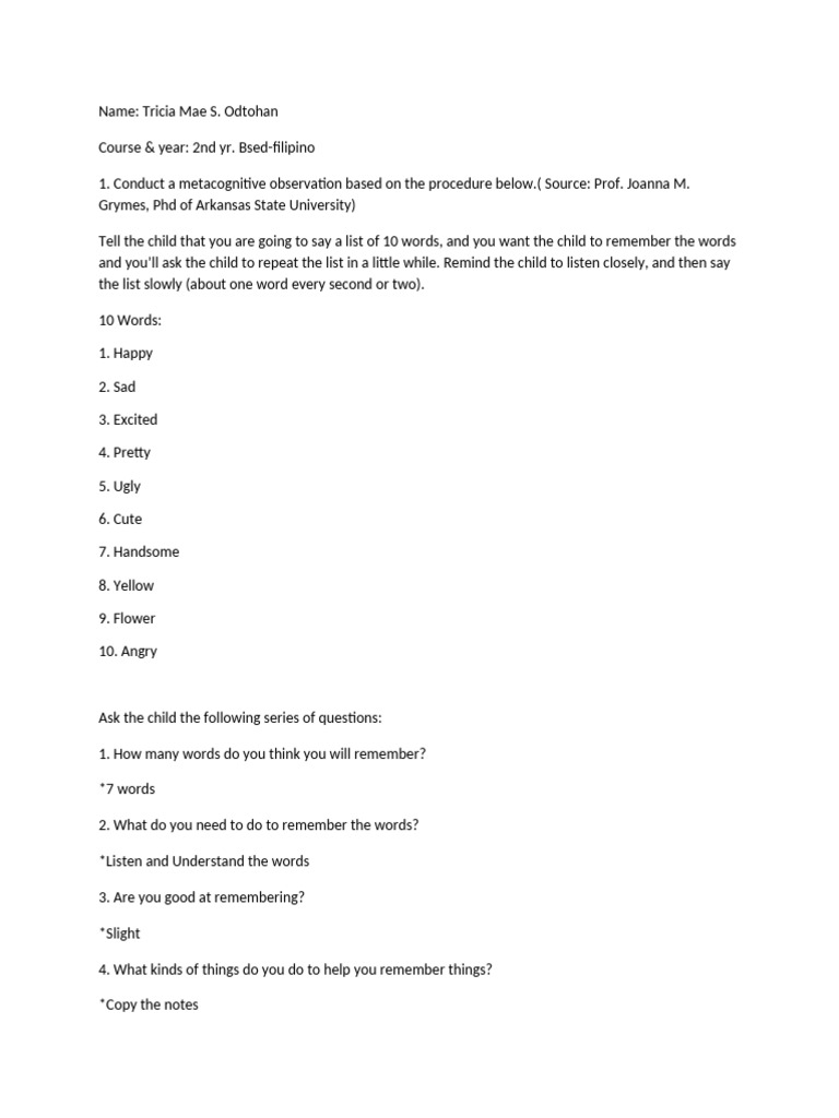 ANSWER EDUC 3 Metacognitive Tricia Mae Odtohan | PDF