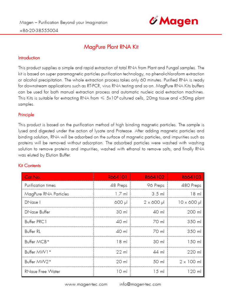 R6641 MagPure Plant RNA Kit (With DNase I) | PDF | Laboratory ...