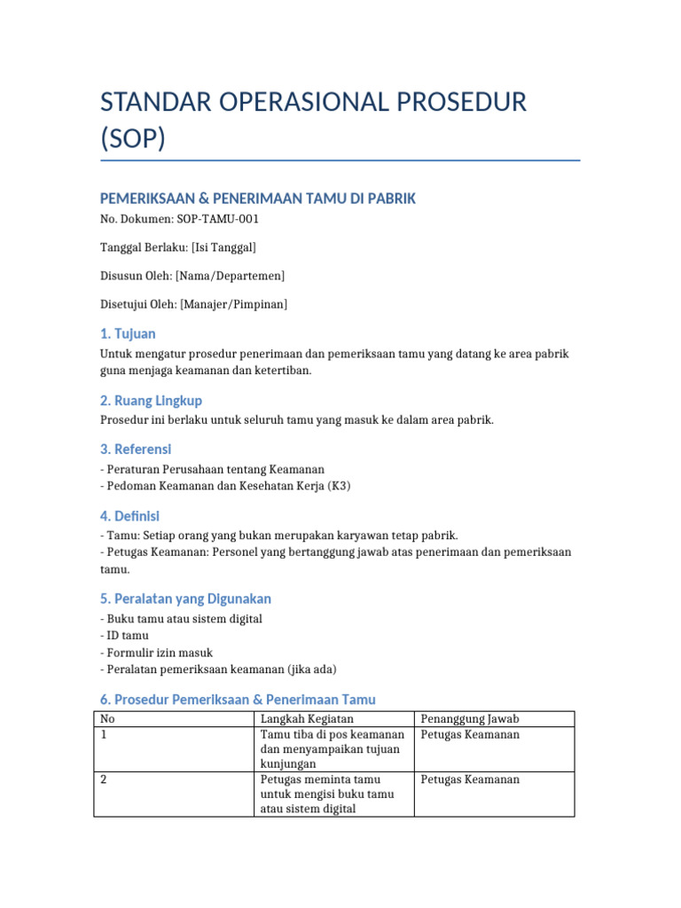 SOP Penerimaan Tamu Pabrik | PDF