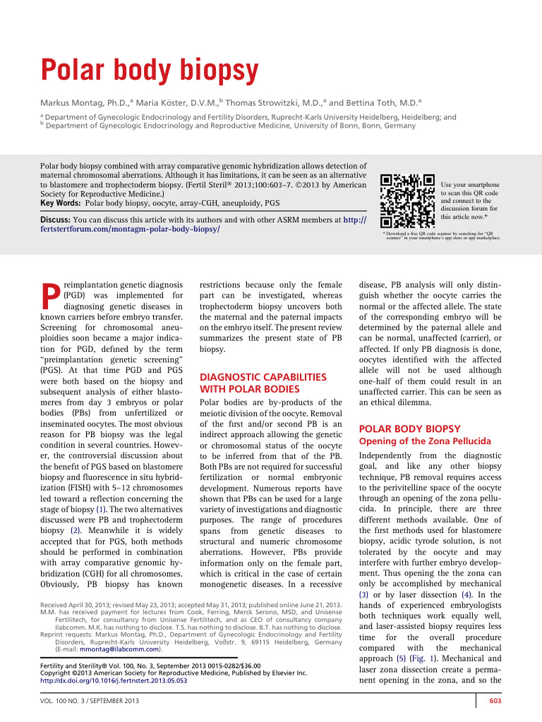 Montag Et Al 2013 - Polar Body Biopsy | PDF | Genetics | Reproduction