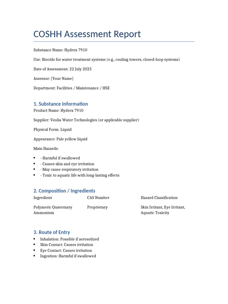 COSHH Assessment Hydrex 7910 | PDF | Personal Protective Equipment ...
