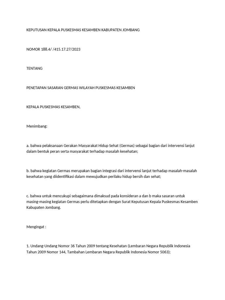 Contoh SK Penetapan Sasaran Germas | PDF