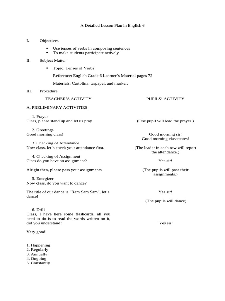 A Detailed Lesson Plan in English 6 | PDF | Grammatical Tense | Verb