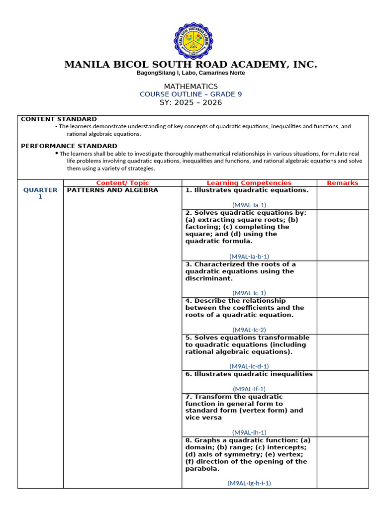 Grade 9 Math Course Outline 2025-2026 | PDF | Quadratic Equation ...