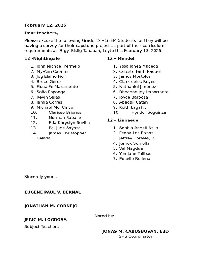 Excuse Letter for Capstone Survey | PDF