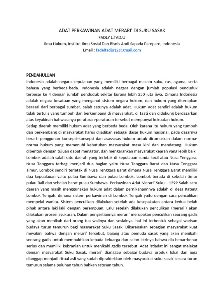 Perkawinan Adat Merari' Suku Sasak | PDF