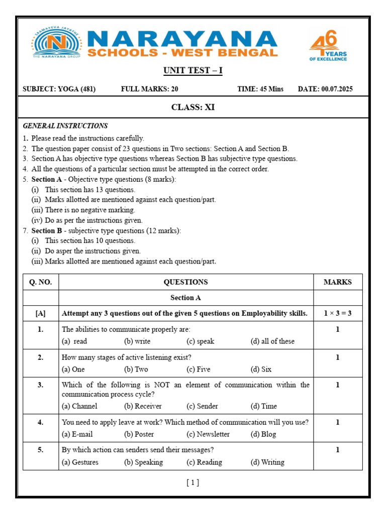 Class 11 Yoga Sample Paper 2025 | PDF | Yoga | Asana
