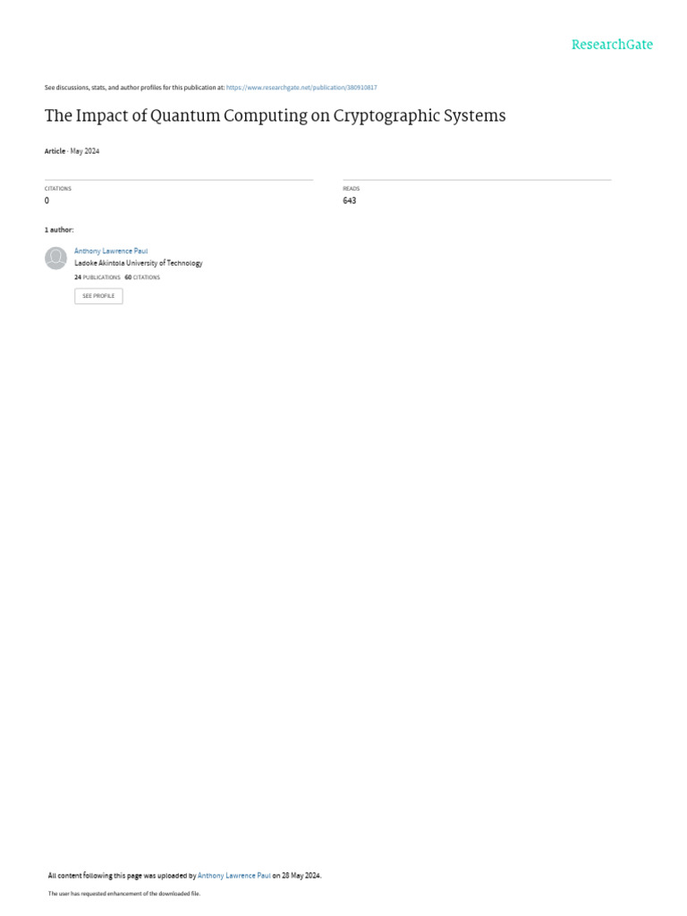 The Impactof Quantum Computingon Cryptographic Systems | PDF | Quantum Computing | Cryptography