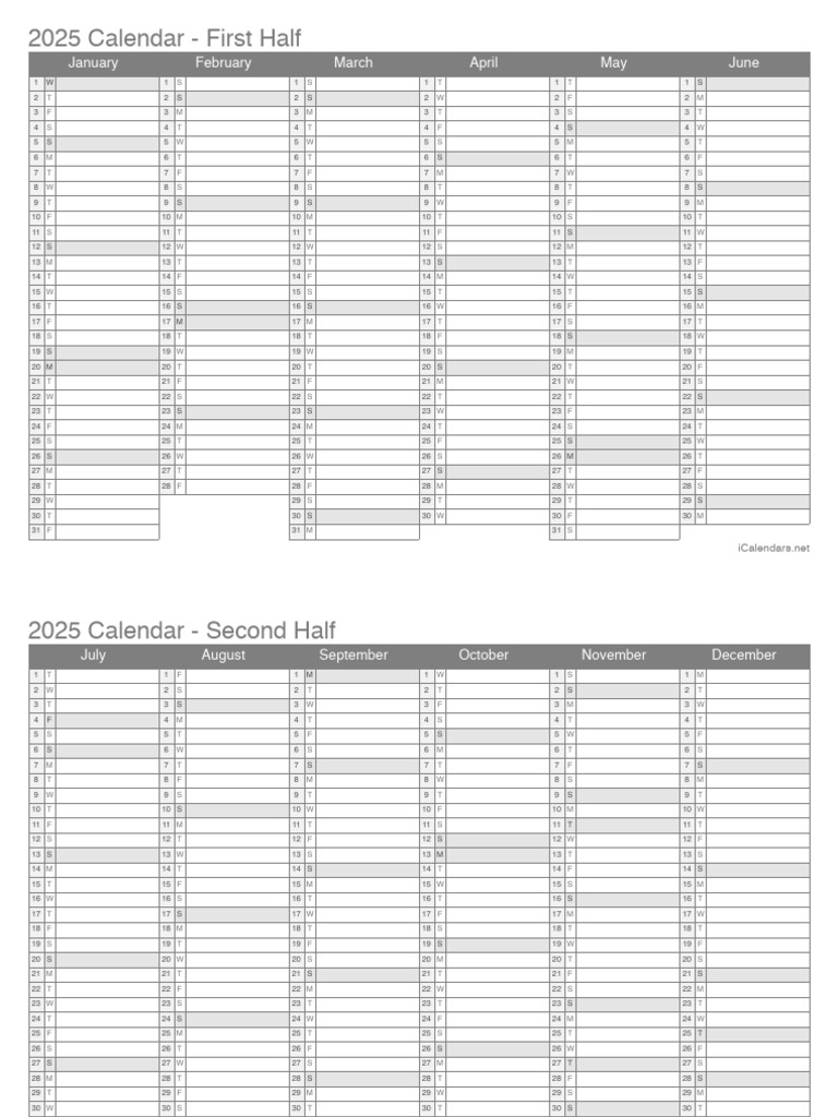 2025 Half Year Calendar Overview | PDF