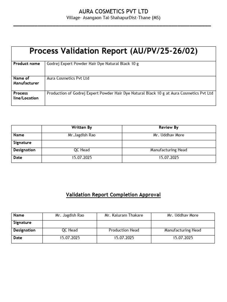 Process Validation Report of PHD 10 G | PDF | Cosmetics