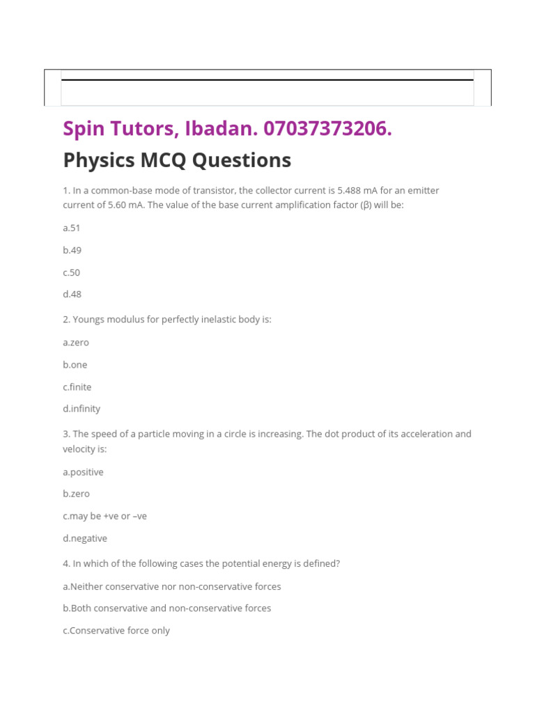 Physics MCQ Questions for Students | PDF | Force | Acceleration