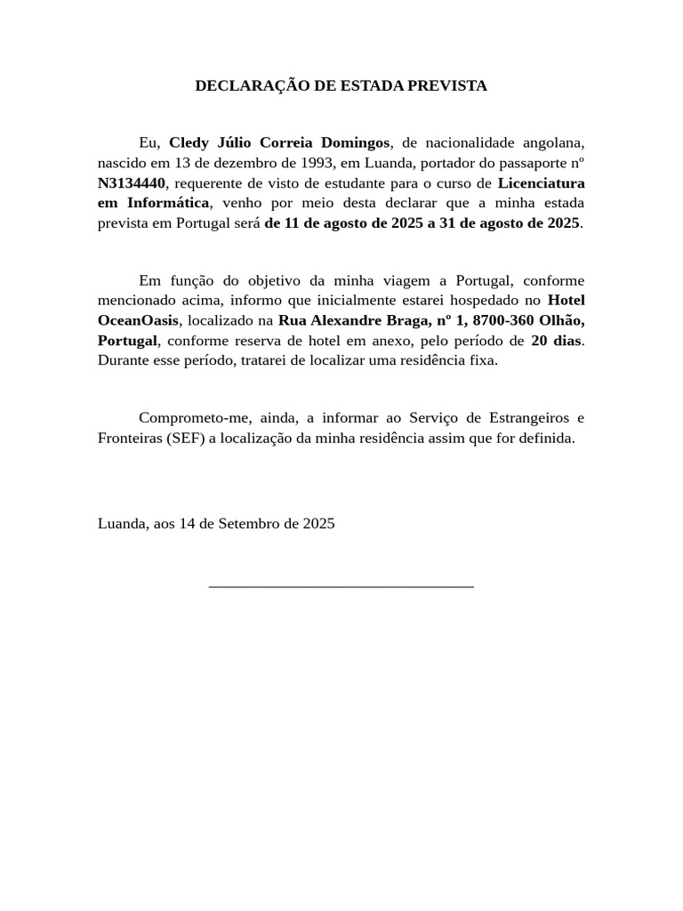 Declaração de Estada Prevista | PDF