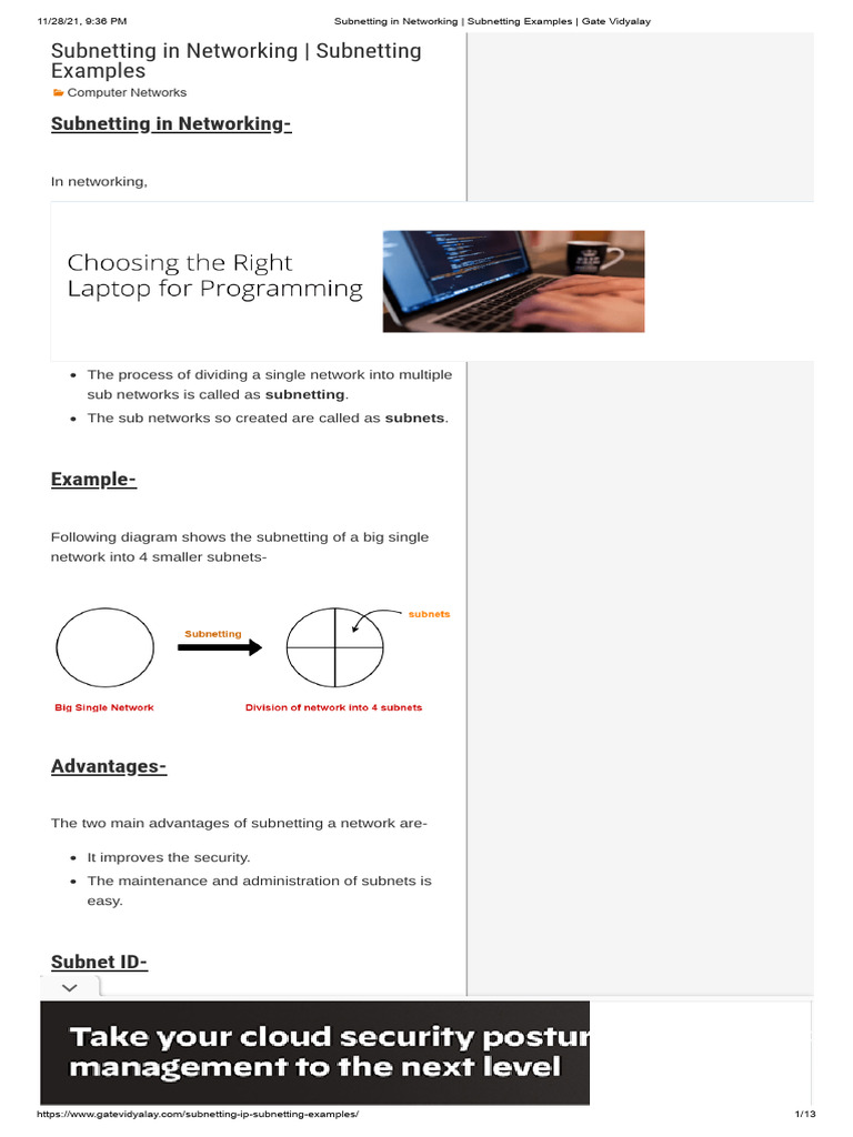 Subnetting in Networking - Subnetting Examples - Gate Vidyalay | PDF ...