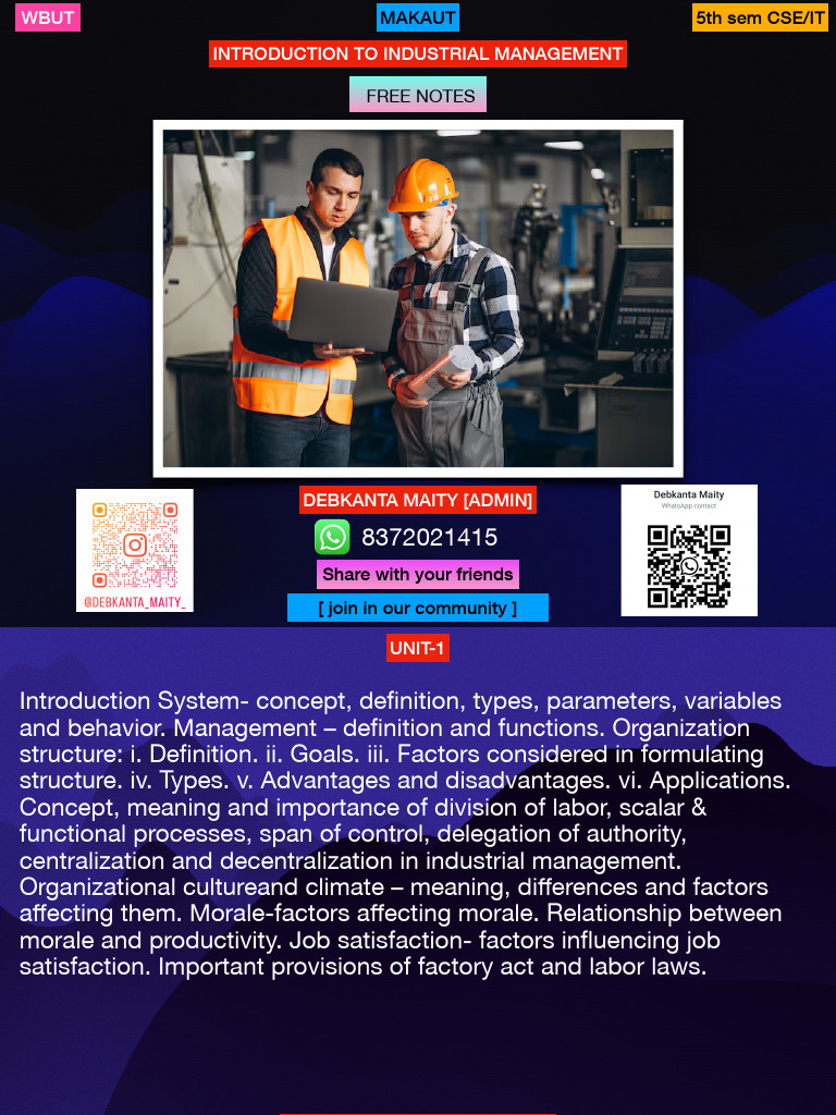 Unit 1 Notes on Industrial Management | PDF | System | Employment